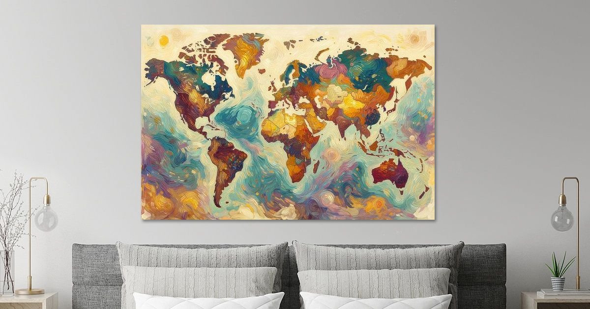 Kleurrijke impressionistische wereldkaart van Maps Are Art op canvas, behang en meer